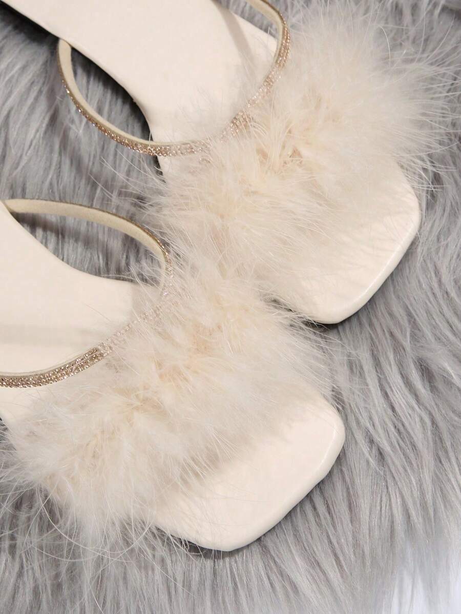 2024 New Fuzzy Crystal Embellished Flat Slide Sandals, Minimalist Strap ...