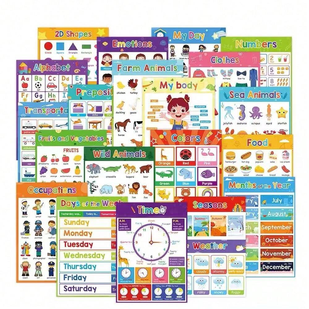 A4 Kids Learning Posters English Words Chart Flash Cards For Toddler ...