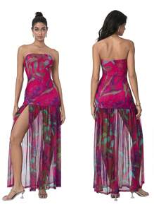 Women's Tube Top Dress Slim Strapless Backless Mesh Patchwork Tropical ...