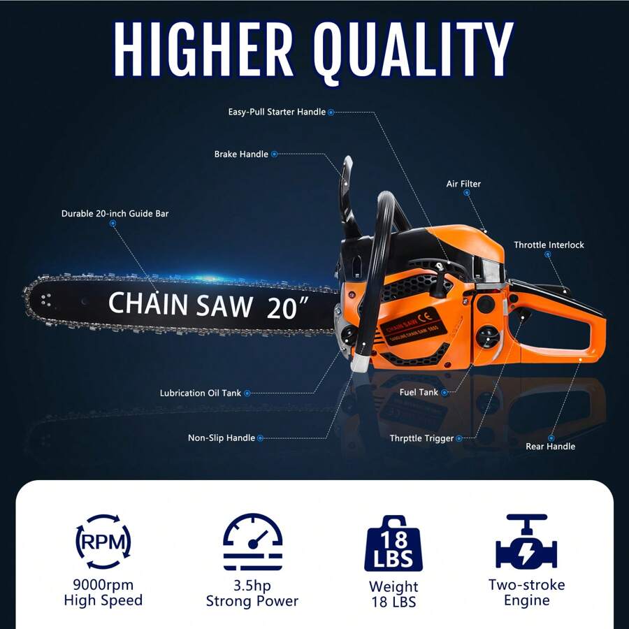 20 Inch Gas Chainsaw, 58CC 2-Stroke Gas Powered Chainsaw, Handheld ...