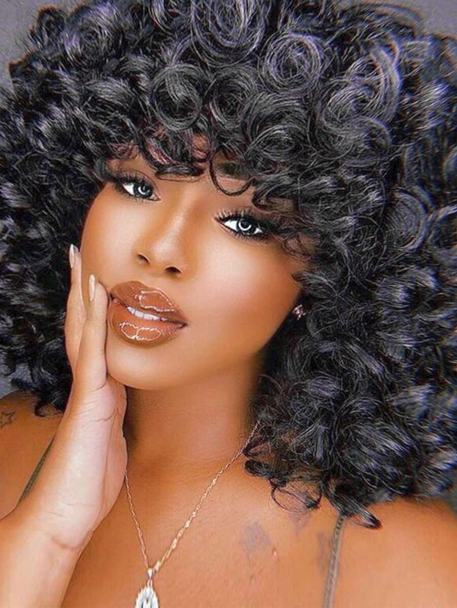 باروكة شعر مجعد عريض 12 بوصة كاملة مجعدة عرقية مع خصلات للشعر الأبيض ...