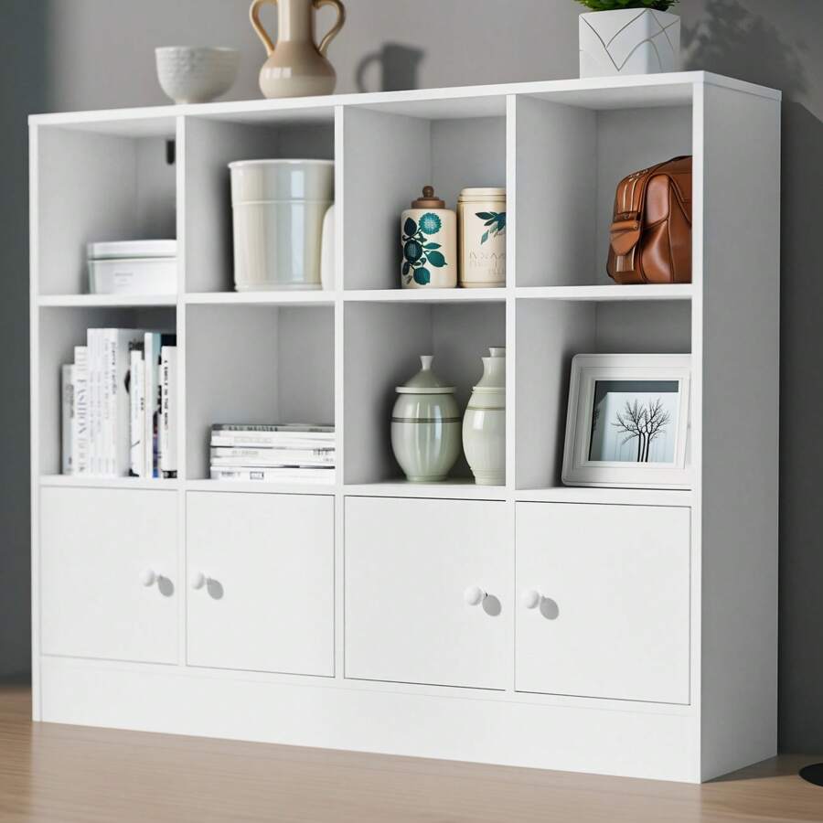 GladGrid Wood Bookcase, 12 Cube Storage Organizer Shelf With 4 Doors, 3 ...