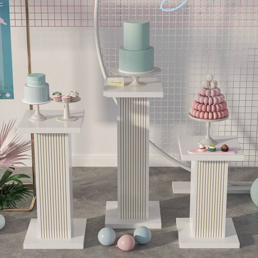 Modern 3-Piece Display Stand Set – Striped Column Pedestals In White ...