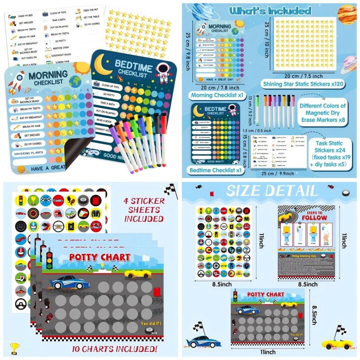 Morning Bedtime Routine Chart Sticker Poster For Toddler Kids Magnetic ...