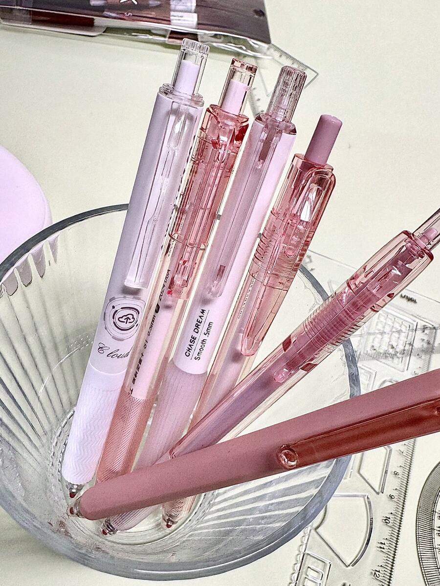 6pcs 0.5mm Gel Ink Pens, Pink Color Set, Quick Drying Ink, Stationery ...