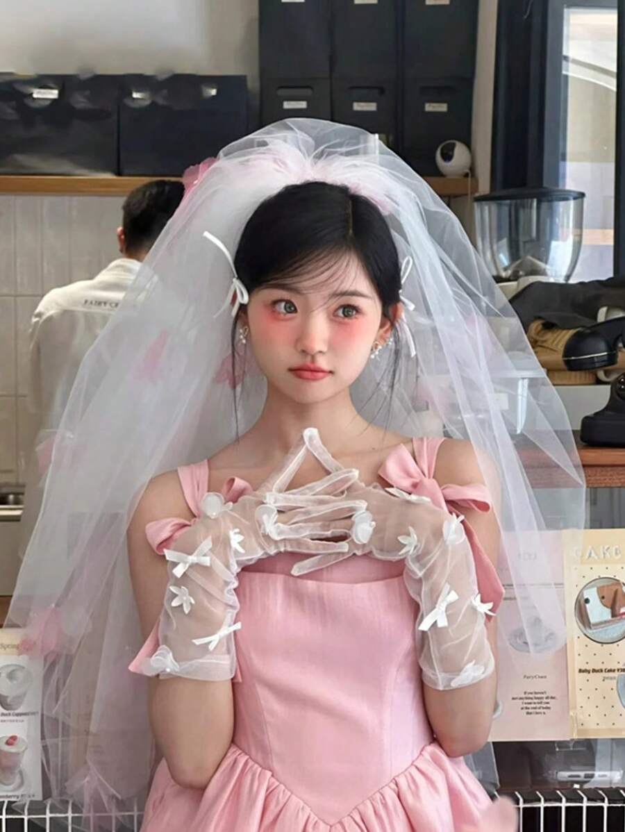 1pc Bridal Pink Flower Veil Collar Registration Tiara Cute And Playful ...