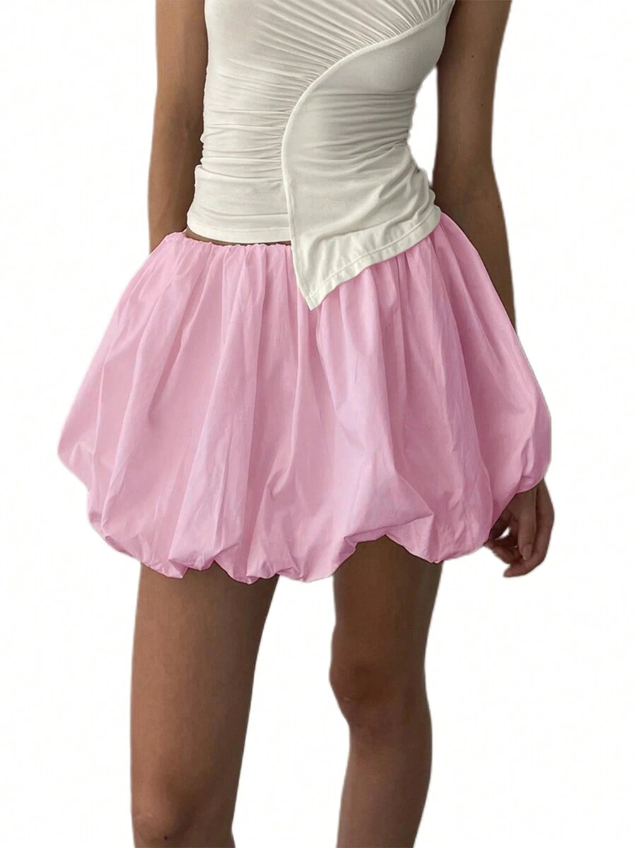 Women Y2K Solid Color Pleated Bubble Mini Skirt Puff Balloon Hem Short ...