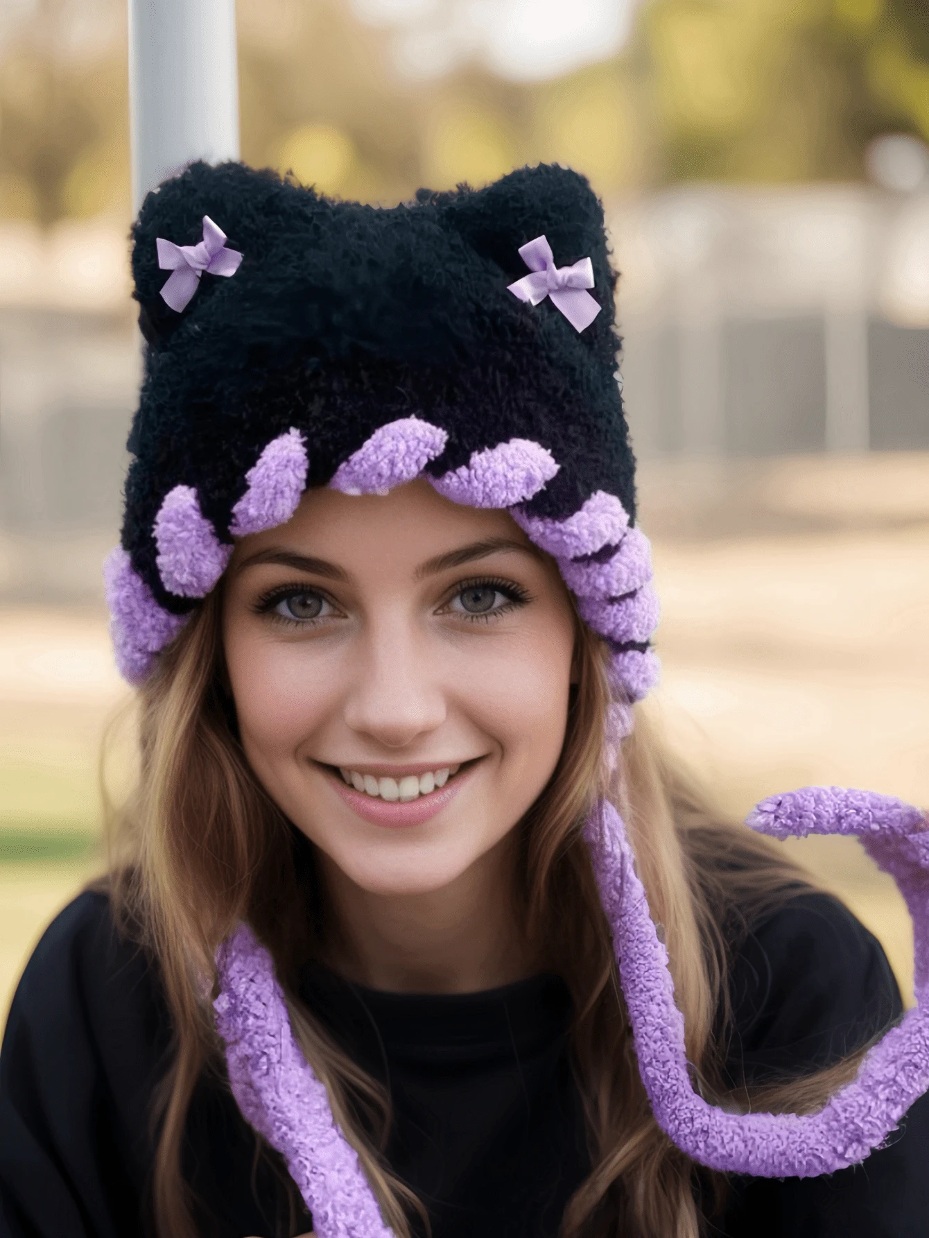 Cute Cat Ear Beanie Hat With Bow Tie, Soft Shiny Plush Material, Warm ...