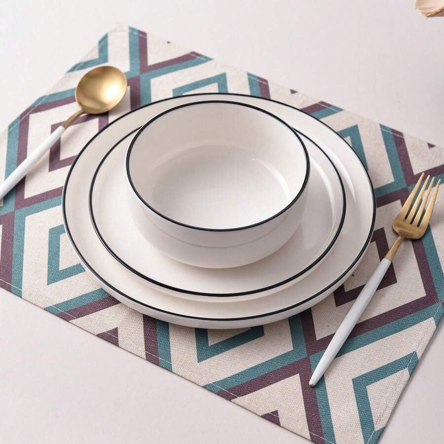 MALACASA 18 Piece Plate And Bowl Set With Black Rim, Modern Porcelain Dinnerware Set, Ceramic ...