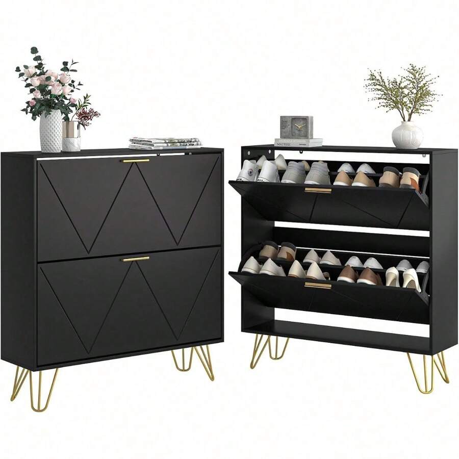 Shoe Cabinet With 2 Flip Drawers, Black Shoe Storage Cabinet, Slim ...