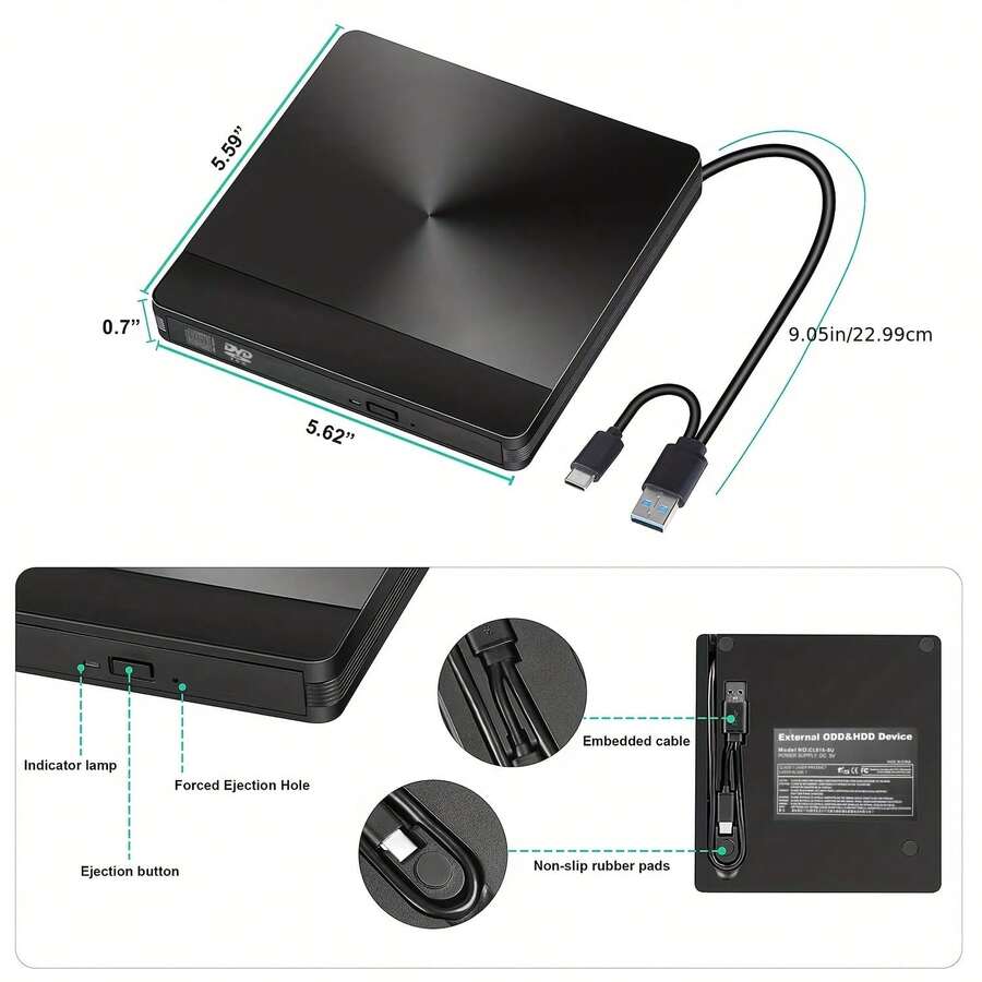 USB 2.0 External DVD Burner, Portable CD/DVD-RW Optical Drive, Computer ...