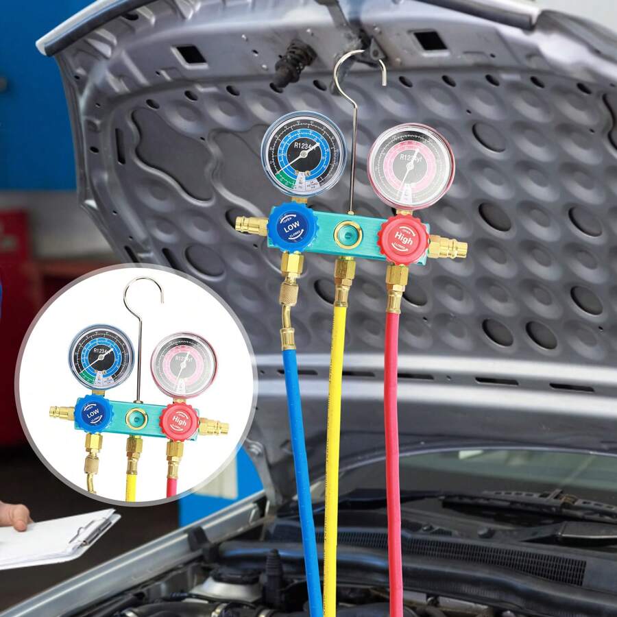 R1234YF Dual Gauges Refrigerant Meter With 3 Color Hoses 2 Couplers Air ...