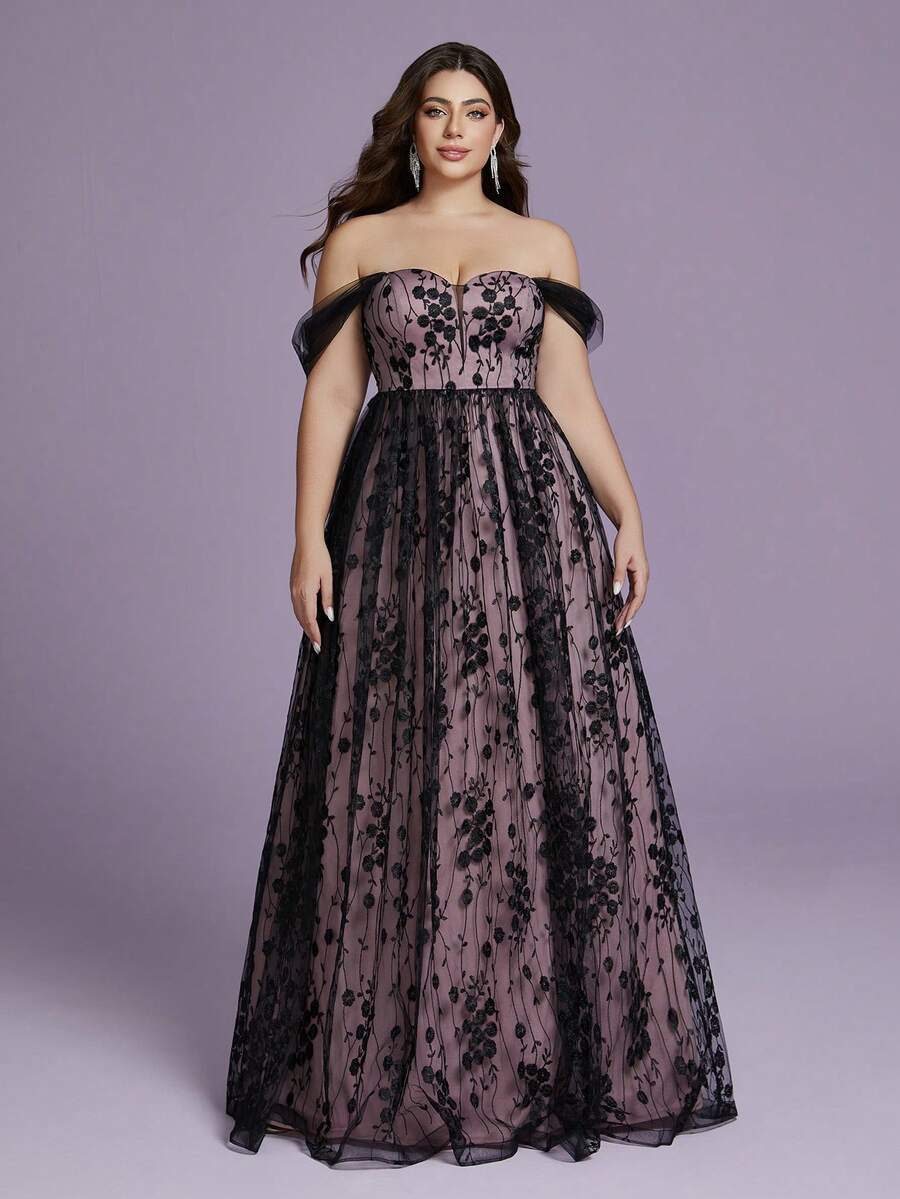 Plus Size Women Embroidered Lace Insert Ruffle Mesh Color Block A-Line ...