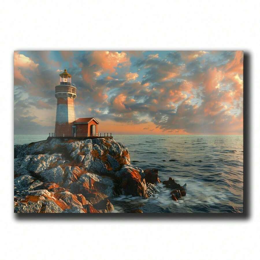 Coastal Lighthouse Print, Sunset Lighthouse Poster Wall Art, Retro ...