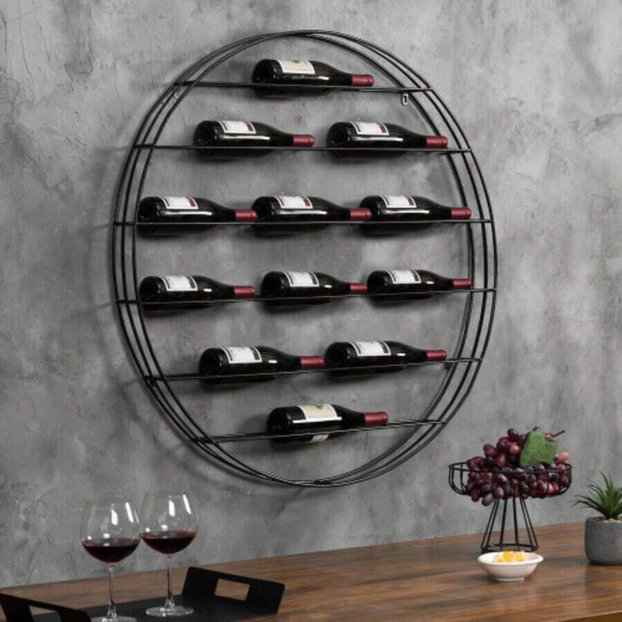 MyGift Wall Mounted Wine Rack Holds 12 Bottles, Metal Black Wire Wine ...