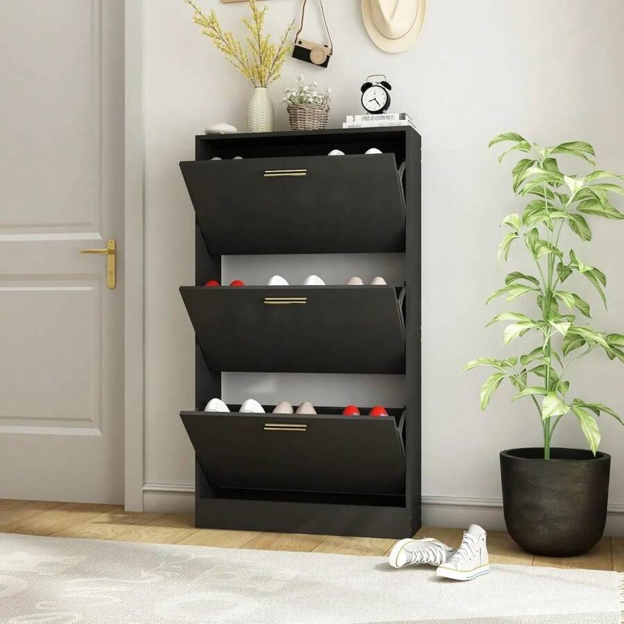 Cabinet Set Of 2, Narrow Shoe Storage Cabinet With 3 Flip Drawers, Wood ...
