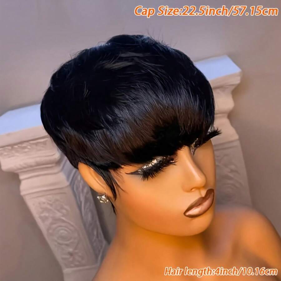 Short Pixie Cut Straight Wigs Human Hair For Black Women Natural Black ...
