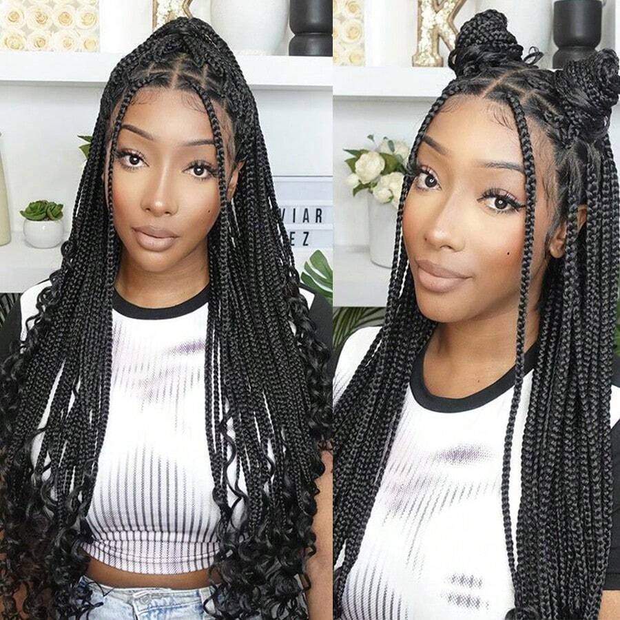 Goddess Box Braids With French Curly Hair Square Part Knotless Full ...