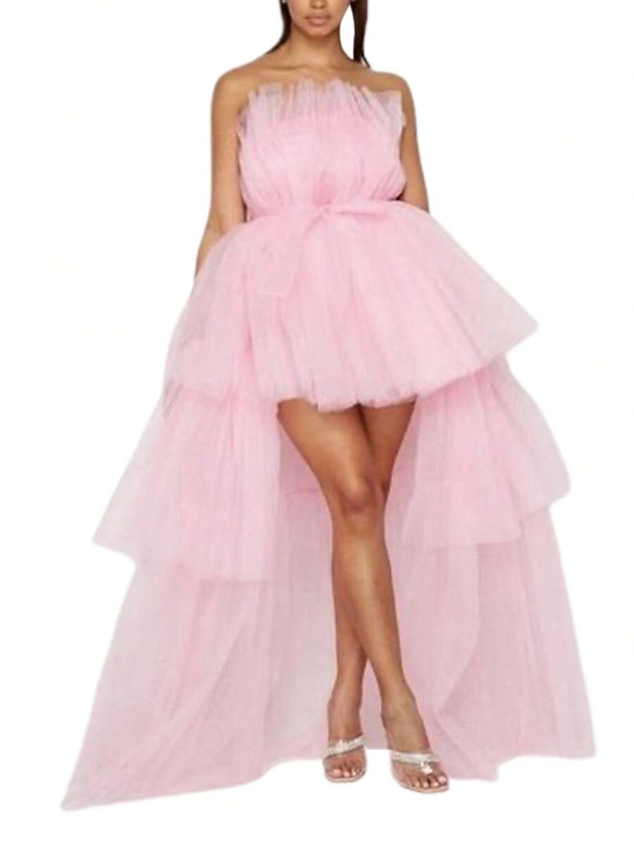 Womens High Low Tulle Dress, Strapless Solid Color Tiered Cocktail ...