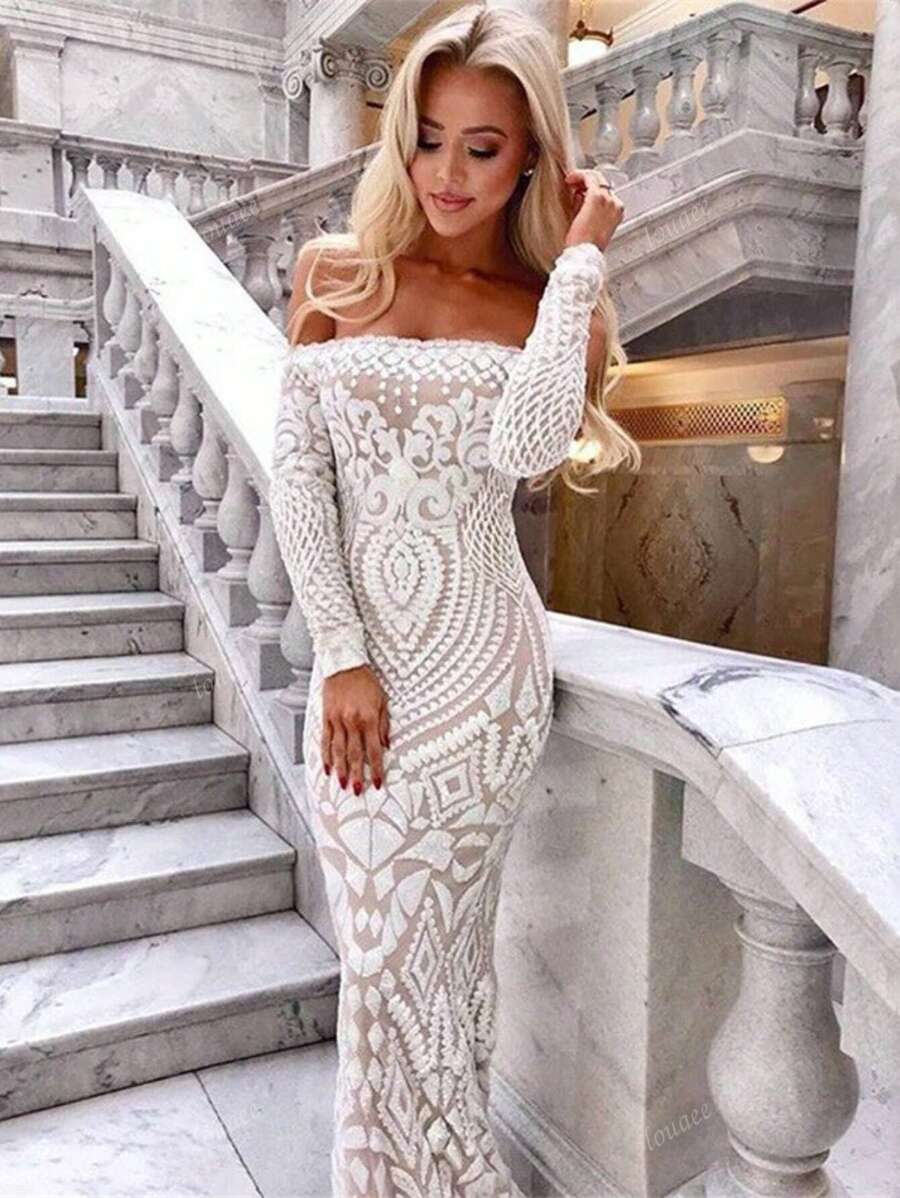 Women's Elegant Sequin Shoulder-Revealing Evening Dress For Wedding ...