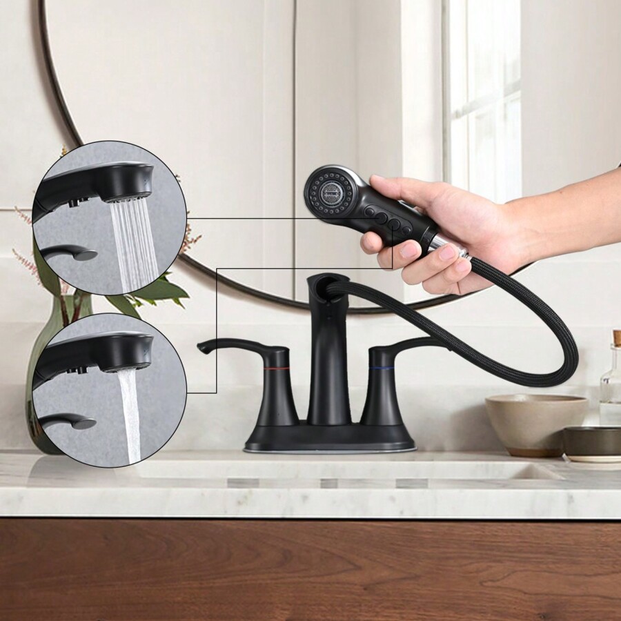 Bathroom Centerset Pull Out Matte Black 4 Inch With Pull Down Sprayer ...