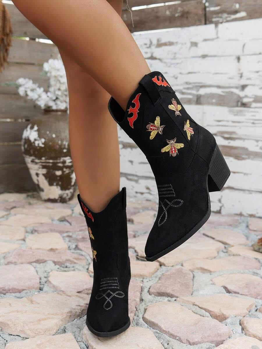 Botas de tobillo tipo western con bordado de abeja - Botas cortas con ...