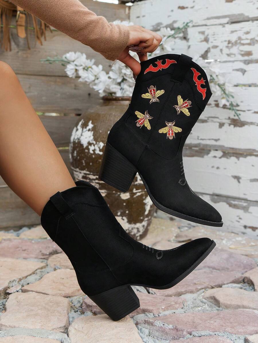 Botas de tobillo tipo western con bordado de abeja - Botas cortas con ...
