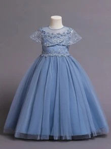 Tween Girl Blue Lace Wedding Party Princess Pageant Evening Dress Stage ...
