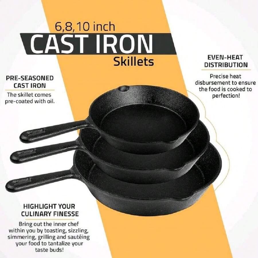 Pre-Seasoned Cast Iron Skillet Set 3-Piece- Frying Pan 6 Inch, 8 Lnch ...