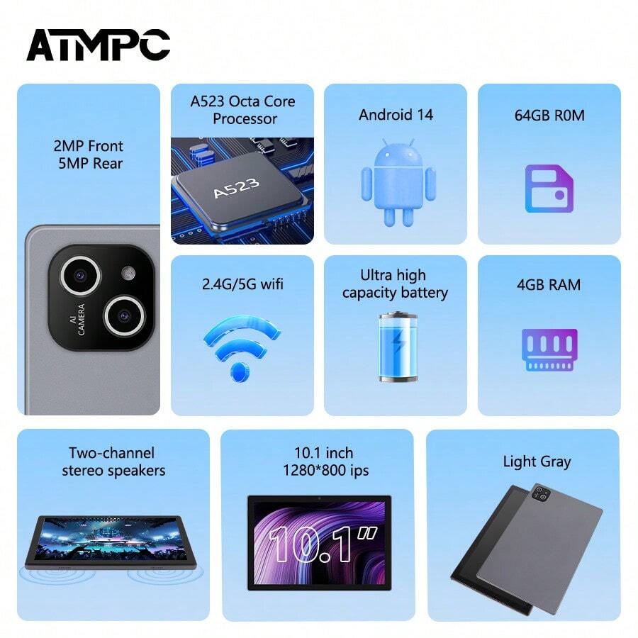 ATMPC ATMPC 801B Tablet 10.1 Inch Android 14 OS Tablet, 4Gb RAM+ 64GB ROM, Dual Camera Front 200 ...