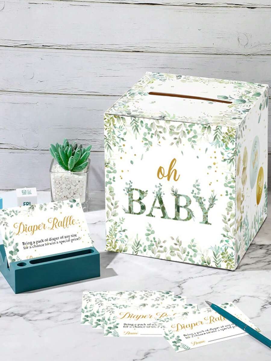 50pcs Cards Greenery Diaper Raffle Tickets With Baby Shower Holder Box ...
