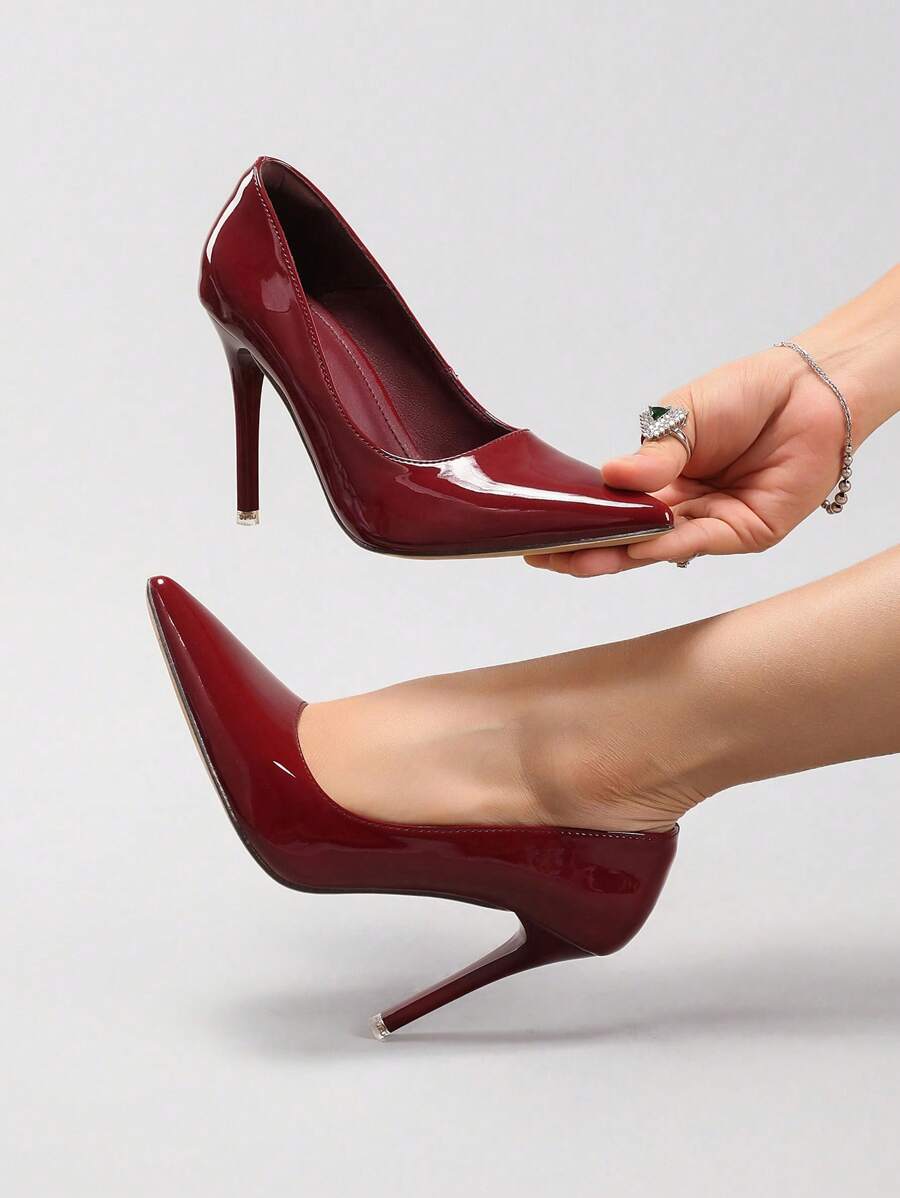 Women's Burgundy High Heels Patent Leather Pointed Toe Sexy Party ...