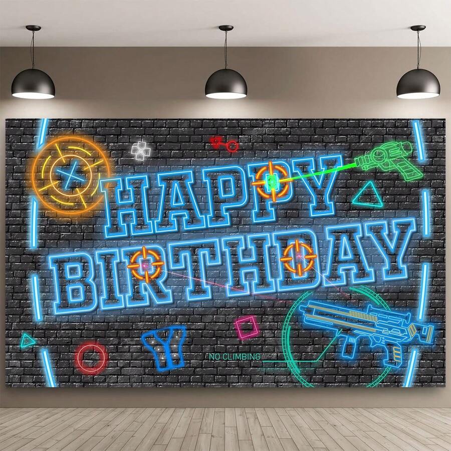 1Pc Laser Tag Gun Backdrops Neon Happy Birthday Banner Happy Birthday ...