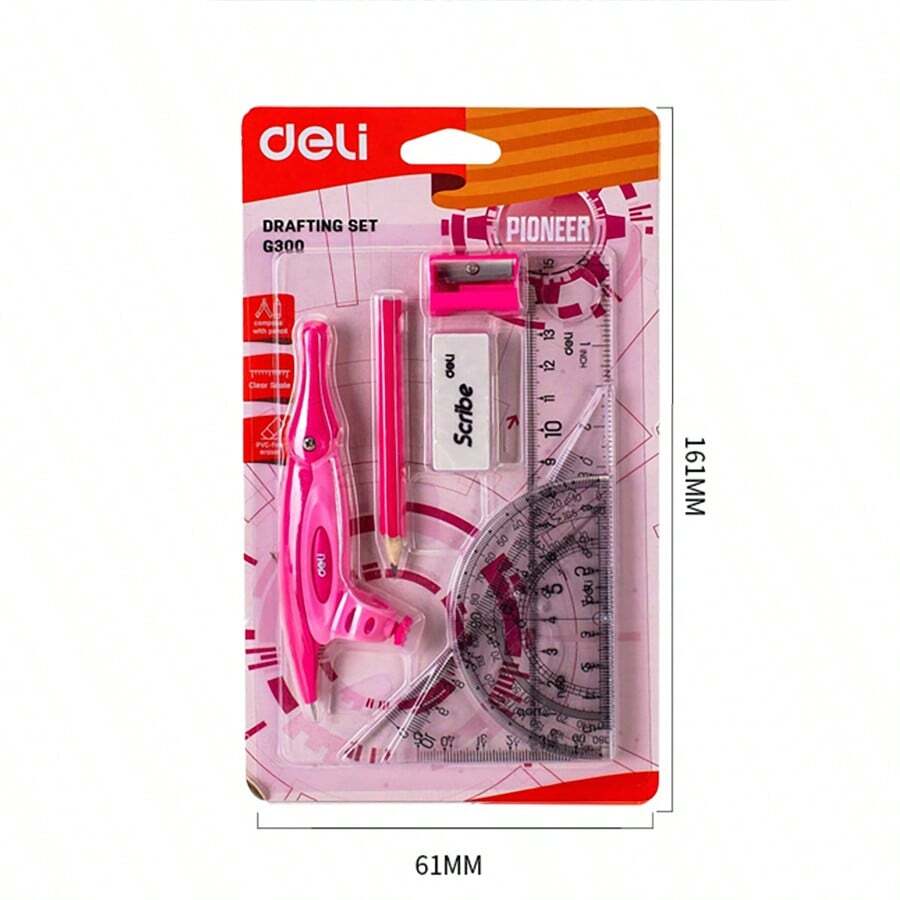 deli Deli 8 Pcs Pink Compass Math Drafting Set, Multiple Function, Four ...