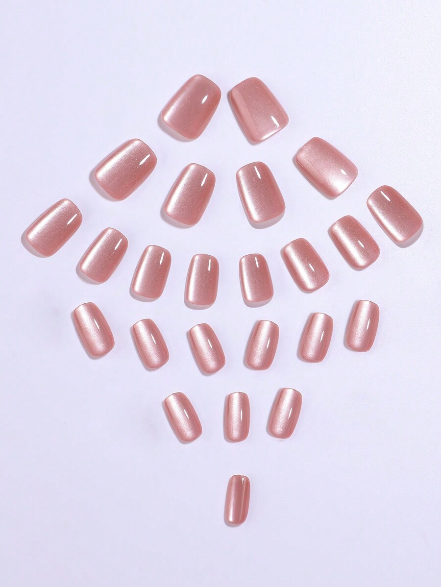 24pcs Short Oval Press-On Nails Pink Cat's Eye With Astigmatism Effect ...