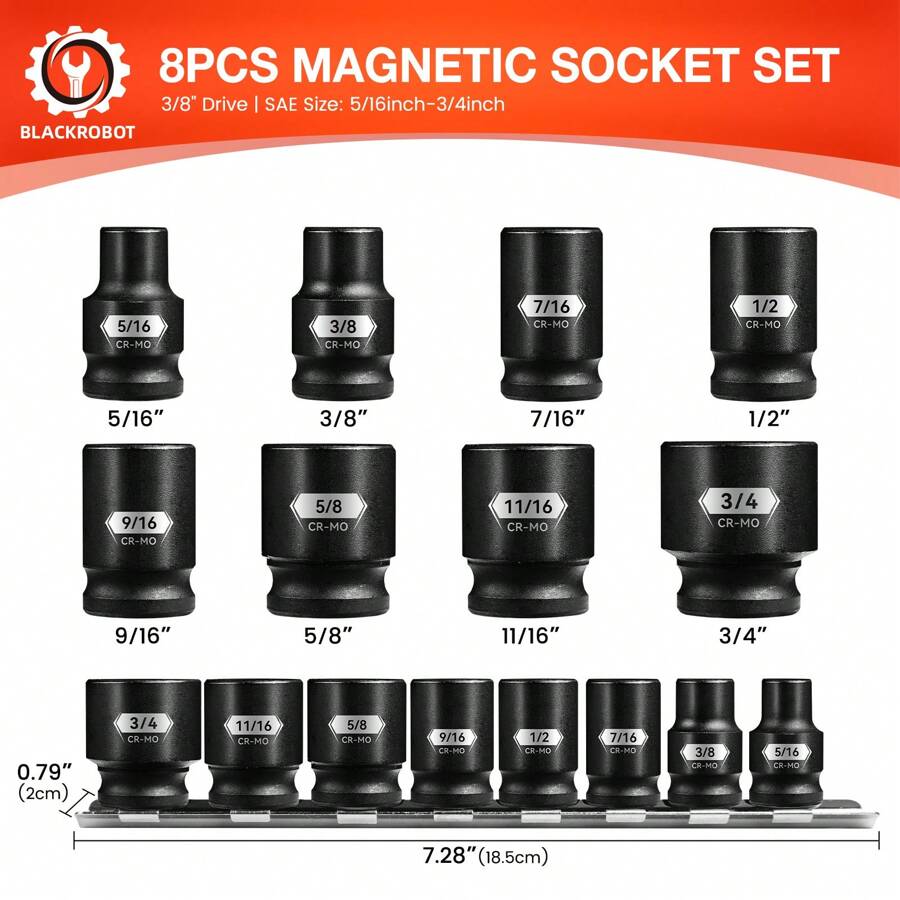 3/8" Drive Magnetic Impact Socket Set, 8-Piece Shallow Socket Set With Storage Rail, SAE 5/16 ...