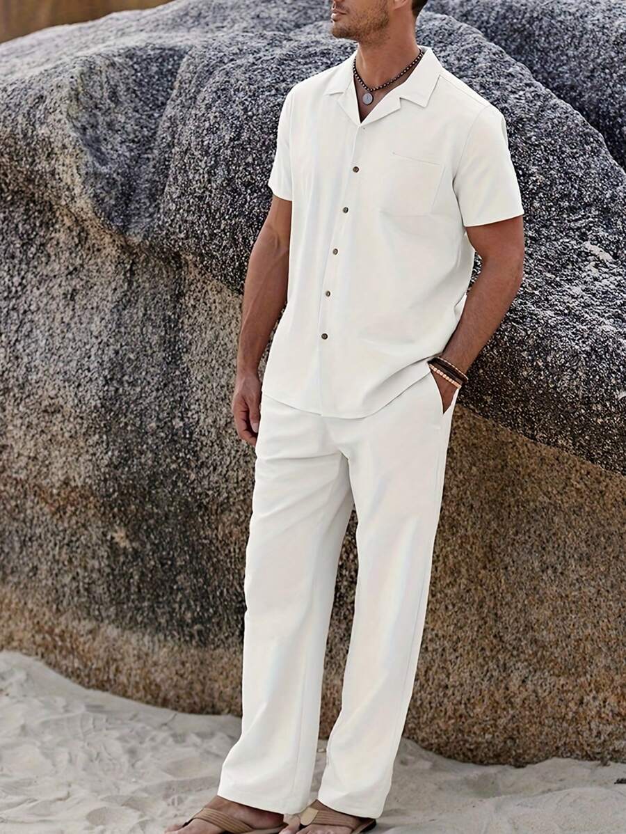 Men's Casual Suit Style Short Sleeved Shirt And Loose Straight Leg ...