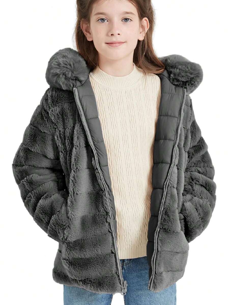 Tween Girl Faux Fur Fleece Jacket Sherpa Fuzzy Hoodie Winter Coat With ...