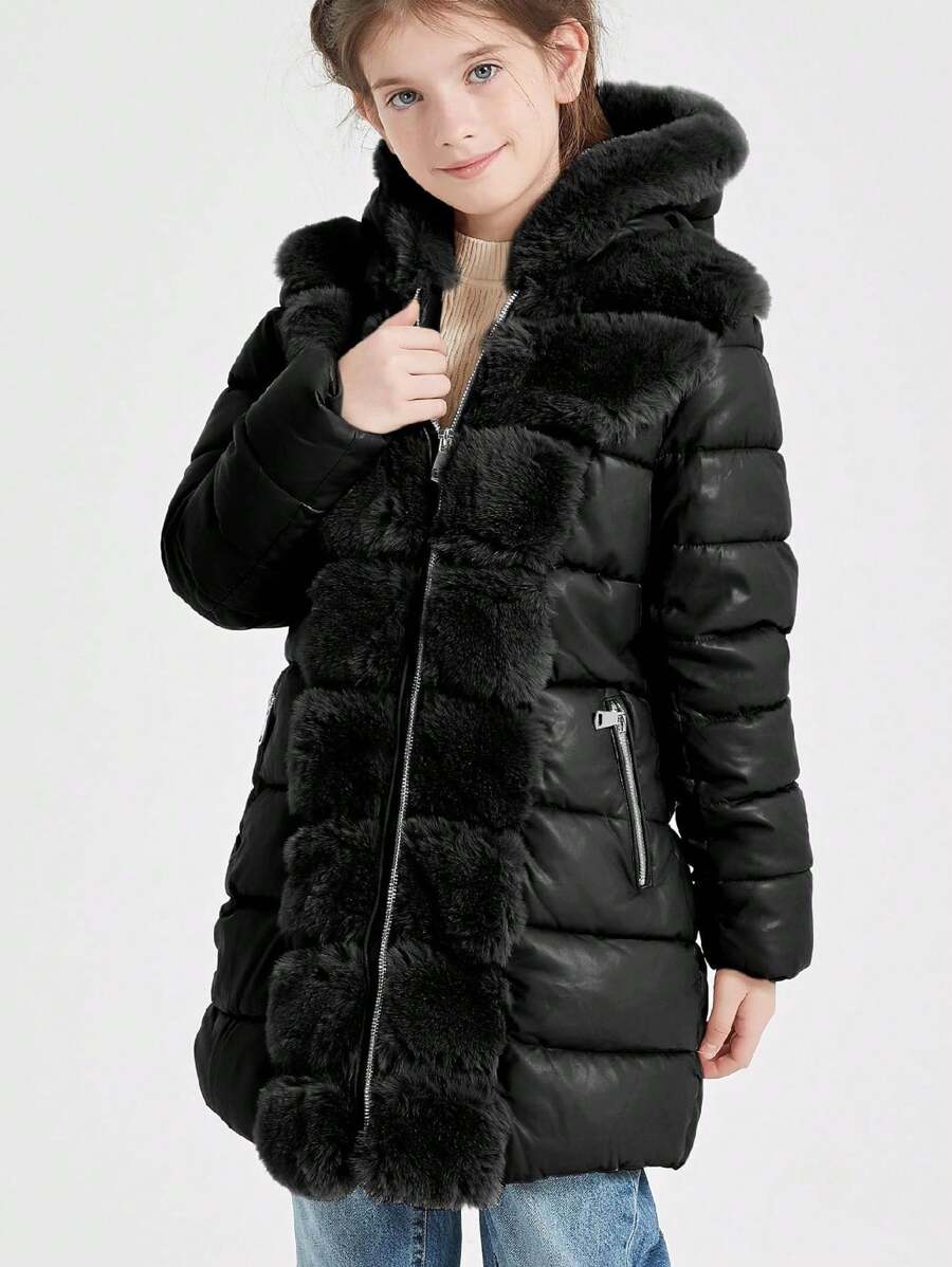 Tween Girl Black Fur Coat Stylish Faux Leather Puffer Long Fall Winter ...