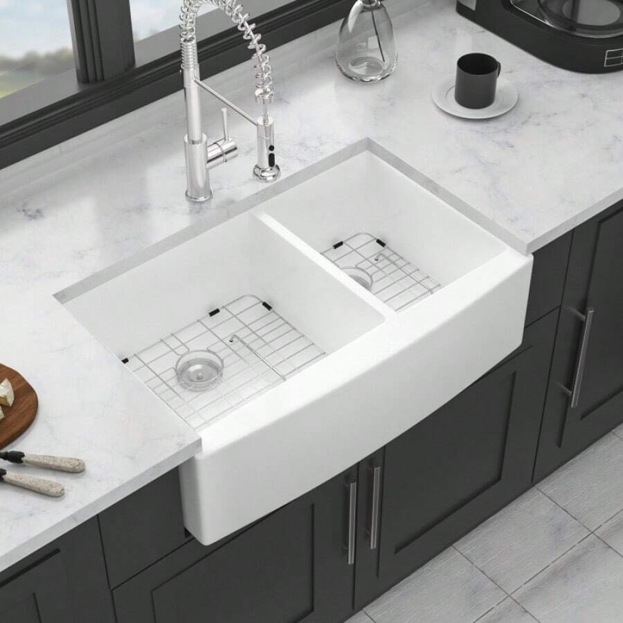 32" Undermount Double Bowl Ceramic Kitchen Sink - Dual Mount White ...