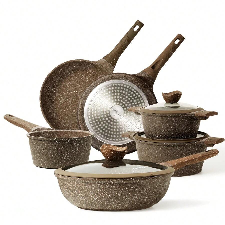 9-Piece Brown Granite Pots And Pans Set: Carote Nonstick Cookware ...