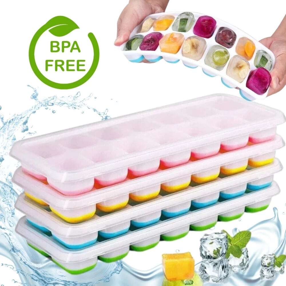 Silicone Ice Trays With Rigid Flexible Lid Bottom 14 Cubes Rectangular ...