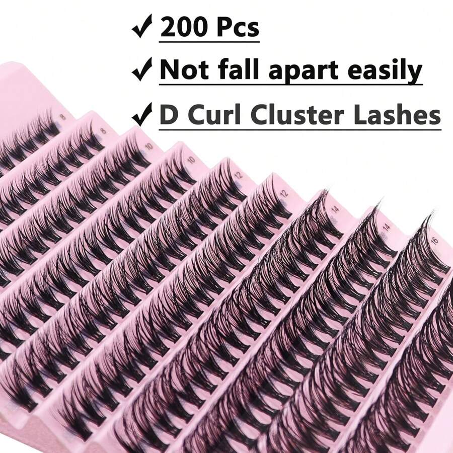 200pcs DIY Eyelash Extension Kit Individual Lashes Cluster D Curl, 8-16mm Mix Lash Clusters With ...