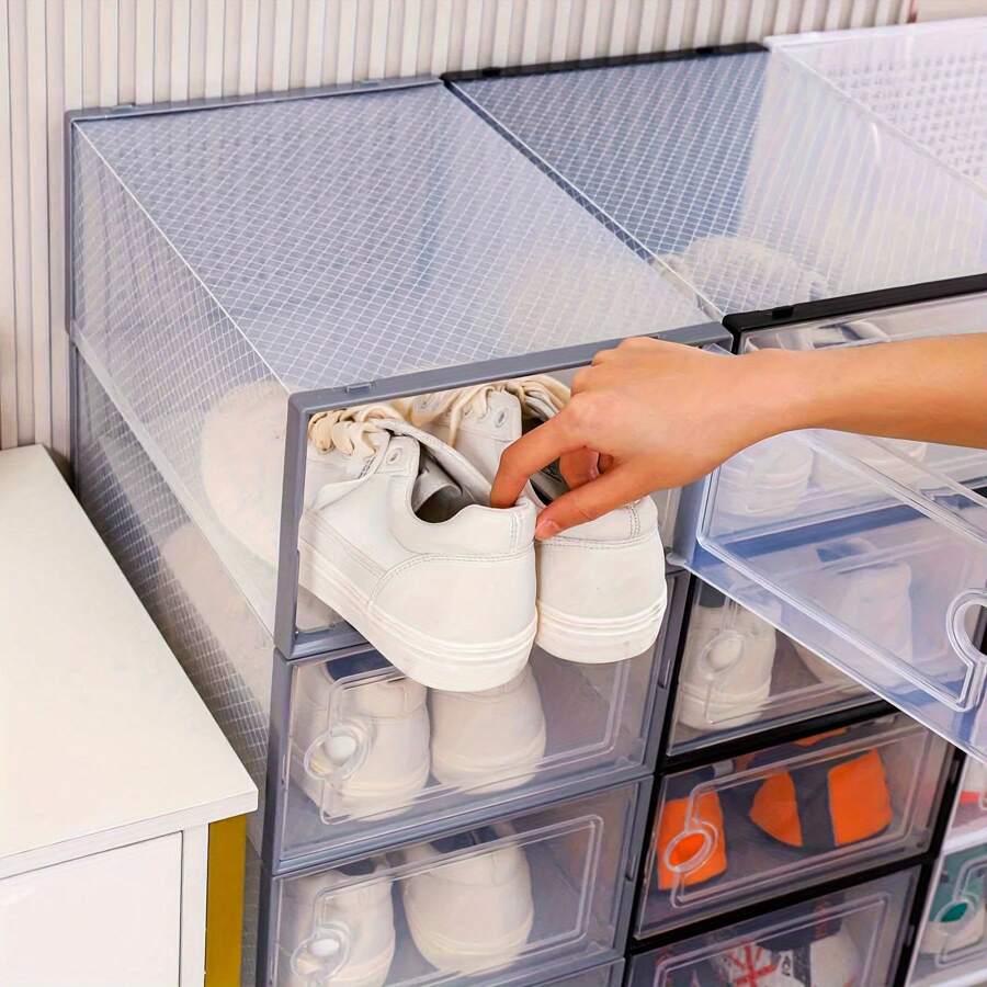 6pcs Plastic Folding Shoe Boxes, Combination Storage Cabinets With Flip ...