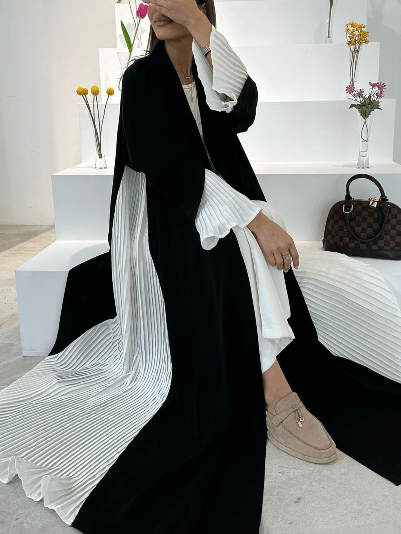 Modest Muslim Wear High Neck Pleated Dress With Abaya Cardigan ...