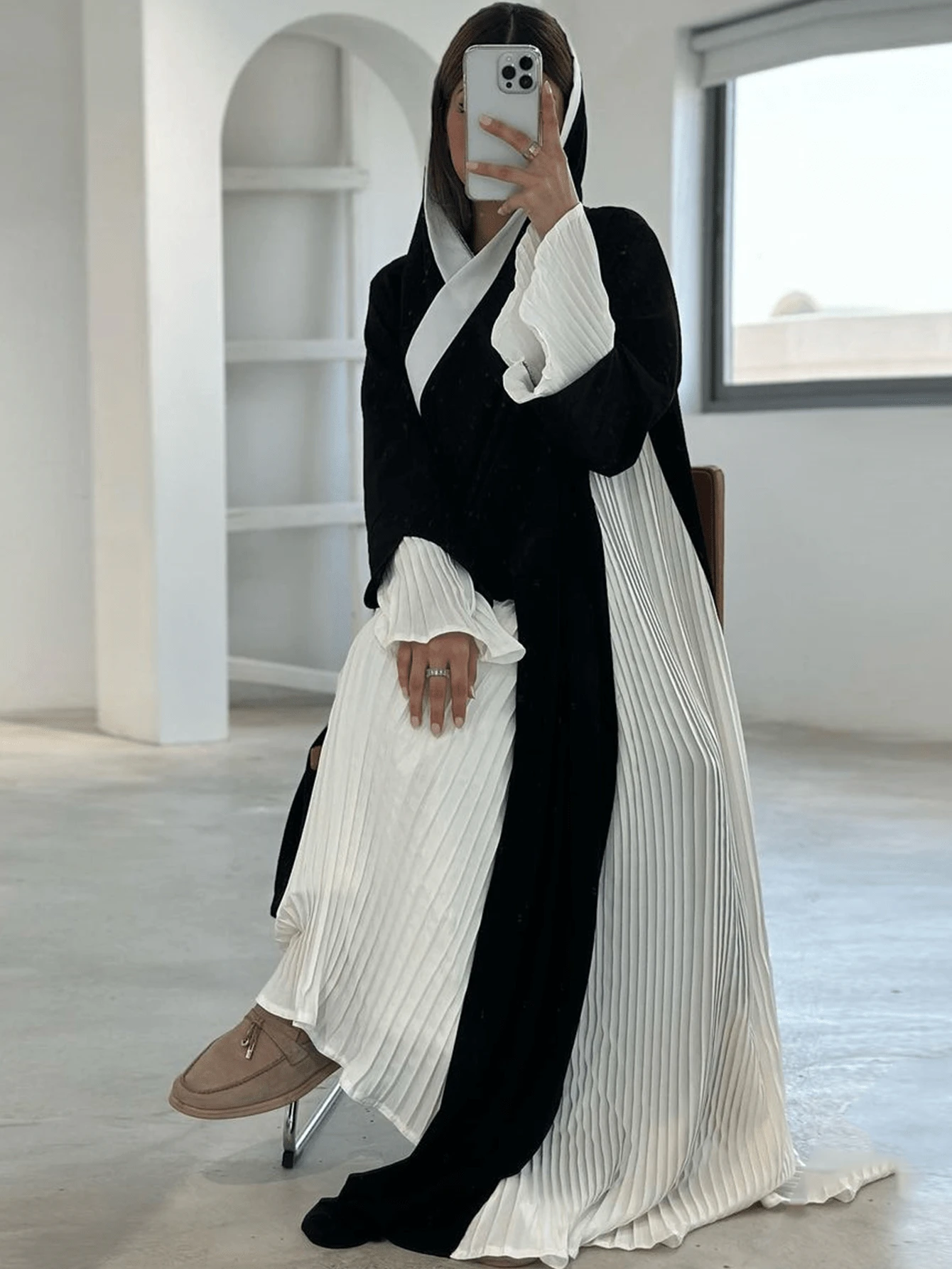 Modest Muslim Wear High Neck Pleated Dress With Abaya Cardigan ...