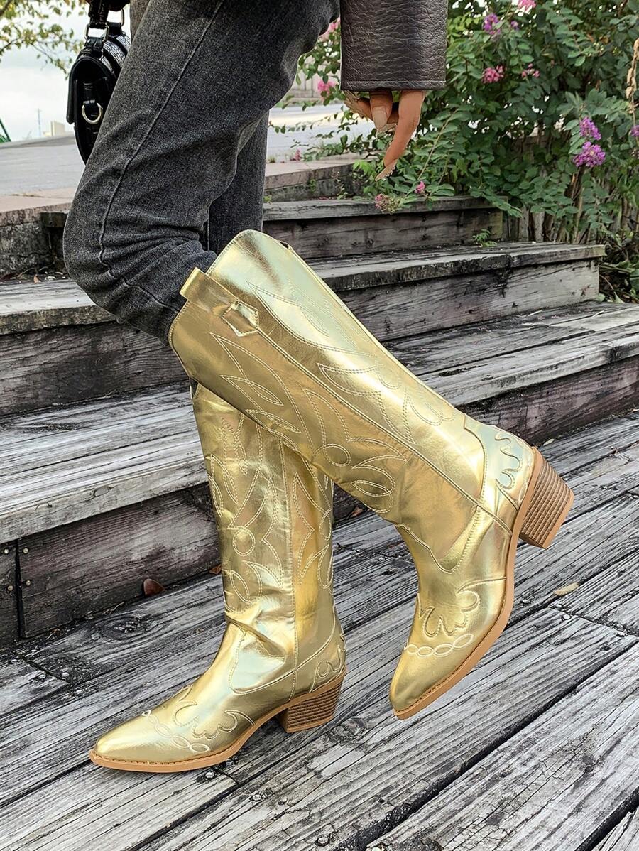 Women Fashion Pointed Toe PU Embroidered High-Top Riding Boots | SHEIN EUR