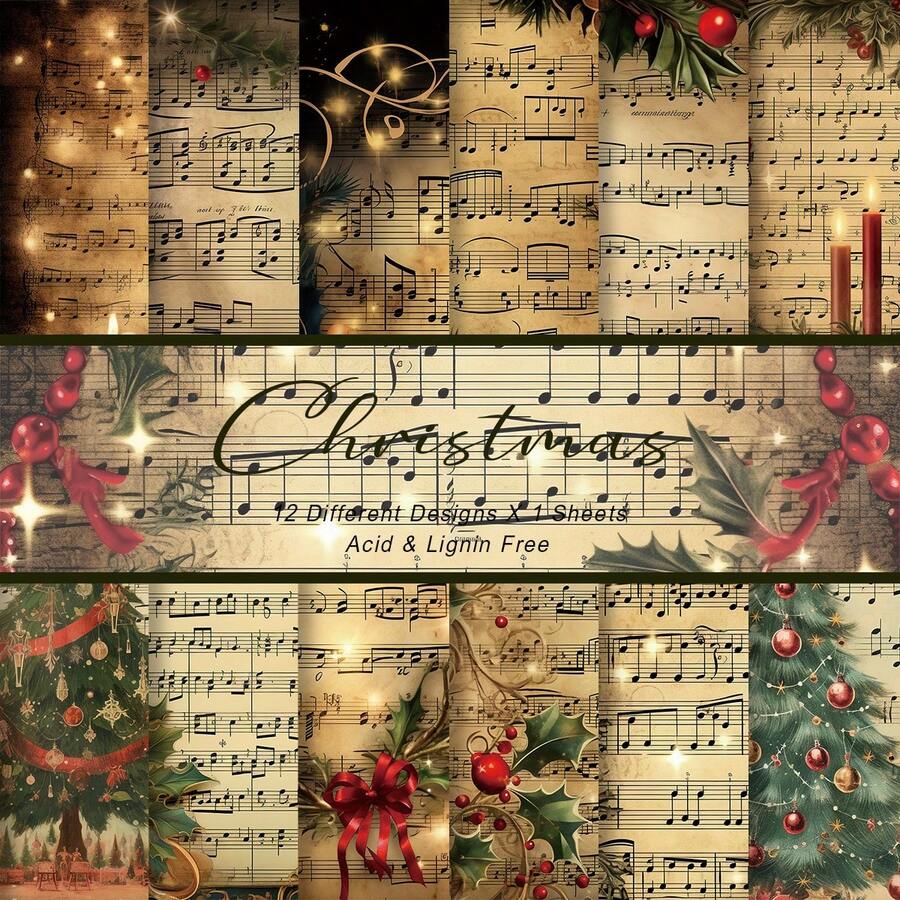 12pcs Vintage Christmas Sheet Music Scrapbook Paper, 6x6 Inch - Single ...