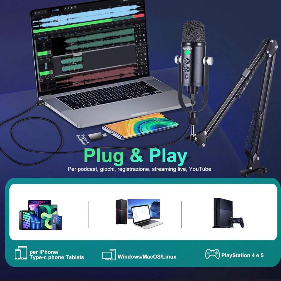 Aveek USB Microphone Kit, Metal Condenser Microphone Podcast Microphone ...