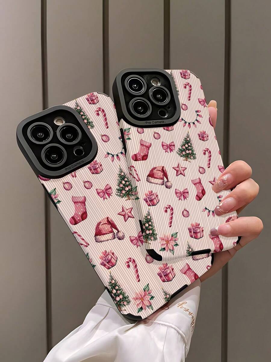 1pc Minimalist Pink Christmas Tree & Bow Stripe Faux Leather Texture ...